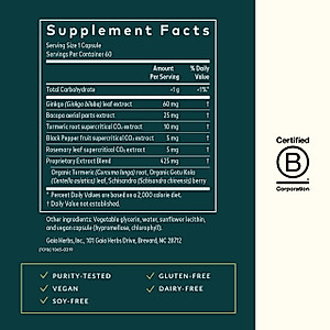 Gaia Herbs Agile Mind - Brain & Cognitive Support Herbal Supplements - with Organic Turmeric Root, Bacopa, Black Pepper, and Ginkgo Biloba - 60 Vegan Liquid Phyto-Capsules (30-Day Supply)