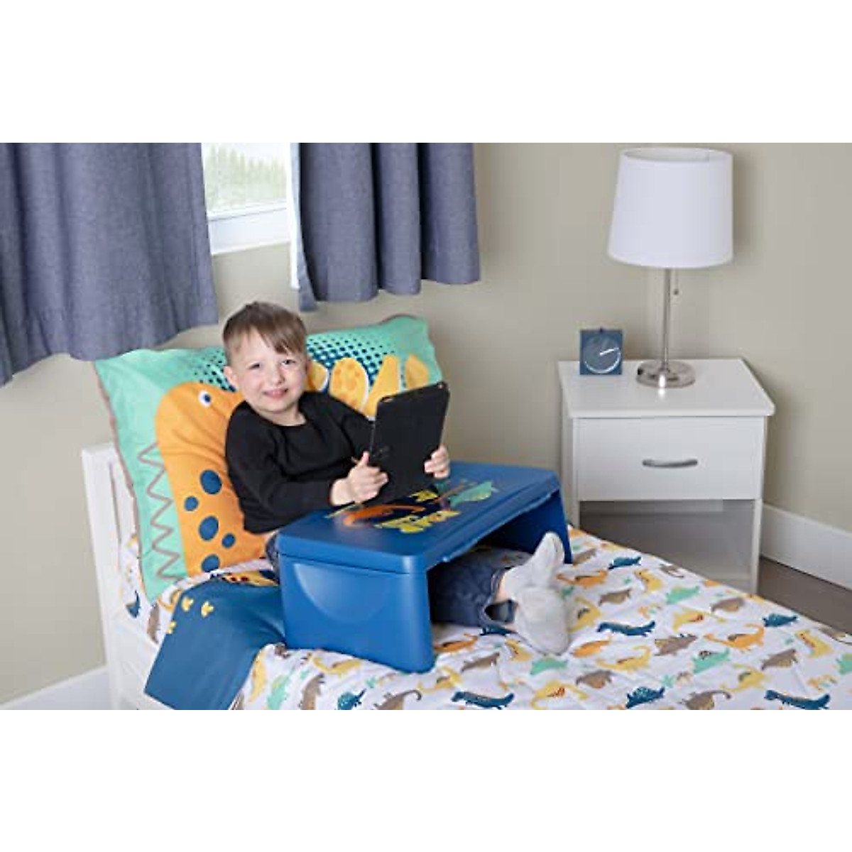 Baby Boom Funhouse Dinosaurs Kids Lap Desk with Storage - Folding Lid & Collapsible Design - Portable for Travel or use in Bed at Home - Great for Writing, Reading, Blue, 1 Count