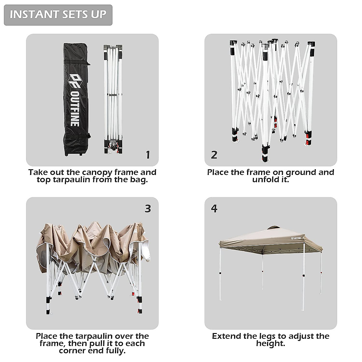 OUTFINE Pop-up Canopy 10x10 Patio Tent Instant Gazebo Canopy with Wheeled Bag,Canopy Sandbags x4,Tent Stakesx8 (khaki, 10 * 10FT)