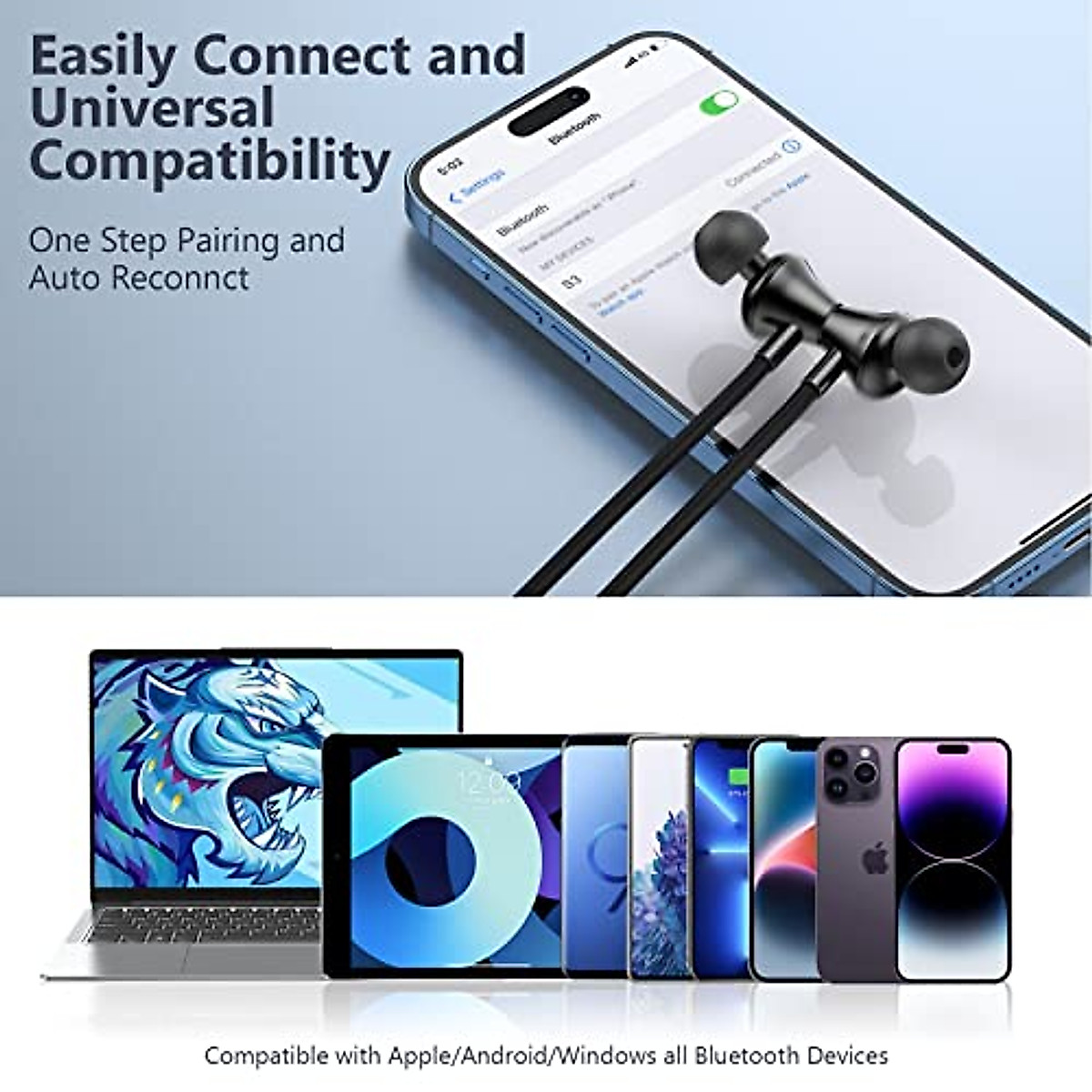 Bigtruely Wireless-Earbuds-Bluetooth-Headphones-Neckband in-Ear, Magnetic Earphones Built-in Microphone,12H Listening Time Bass Waterproof Neck Ear Buds for Running Cycling Gym Sport Workout, Silver