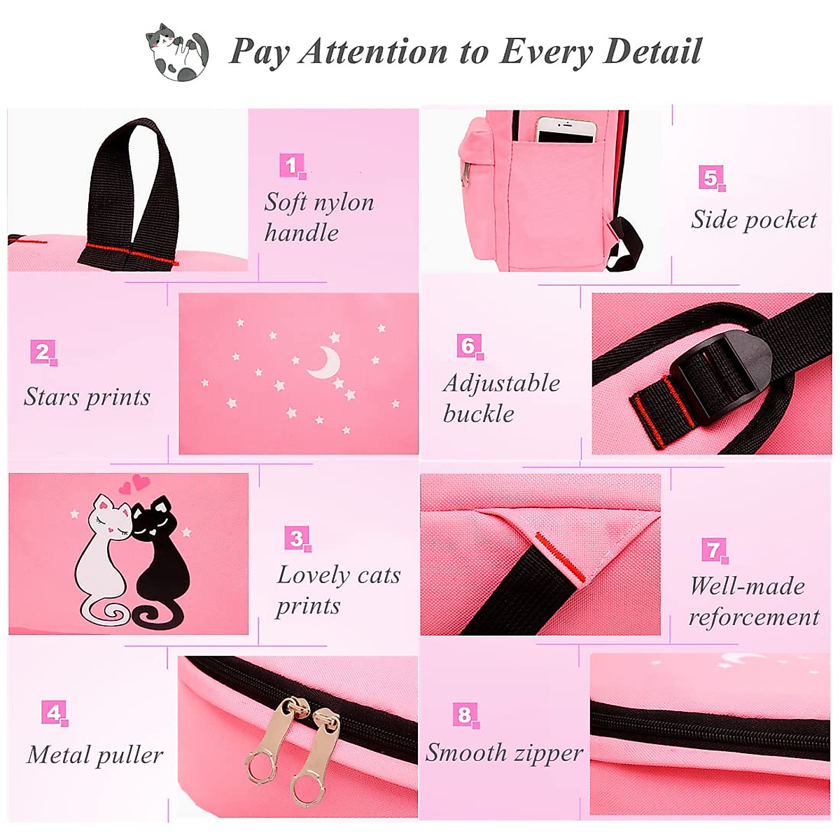 4Pcs Cute Cat Prints Canvas Primary School Bag Rucksack Backpack Set for Girls Elementary Bookbag