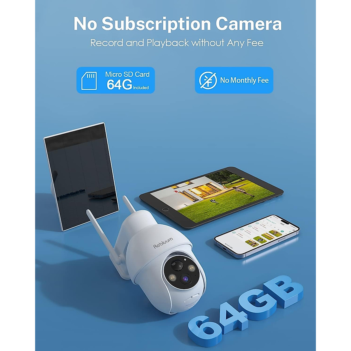 Rebluum Security Camera Wireless Outdoor, 2K Solar Security Camera, Battery Powered 360°PTZ Security Camera, Color Night Vision, 2-Way Audio, Compatible with Alexa (64GB SD Card Pre-Installed)