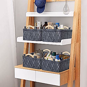 Small Storage Baskets Foldable Rectangle Containers Empty Gift Basket for DVD CD Record Cord Books Video Electronics Items Remote TV Cabinet Organizer with Wooden Handles
