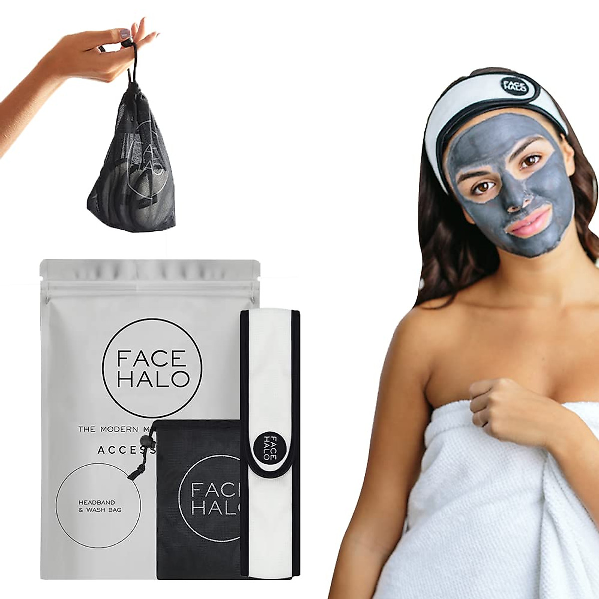 FACE HALO Reusable Makeup Headband & Wash Bag Accessories Pack - Premium Spa Accessories for Women