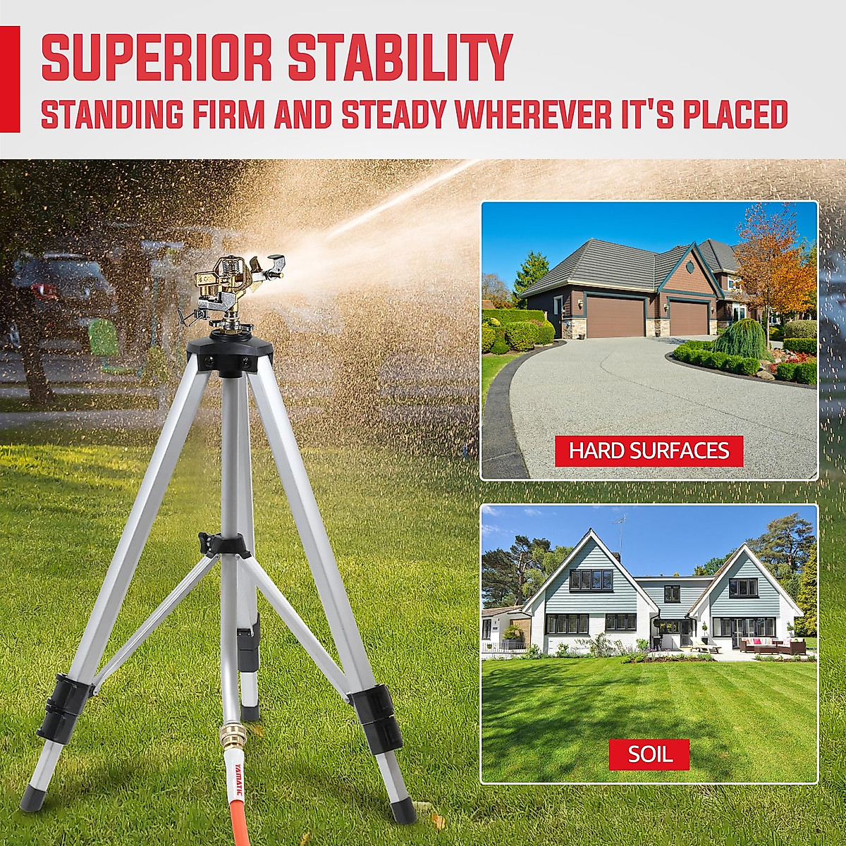 YAMATIC Impact Sprinkler on Adjustable Tripod Base, 360 Degree Large Area, Heavy Duty Adjustable Pulsator Sprinkler for Lawn, Yard and Grass Irrigation, Spray up to 20-90ft(Brass Head)