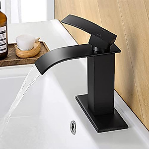 Qomolangma Black Waterfall Spout Bathroom Faucet, Single Handle Bathroom Vanity Sink Faucets, Rv Lavatory Vessel Faucet Suitable for 1 or 3 Holes with 6 Inch Deck Plate & Hose Matte Black