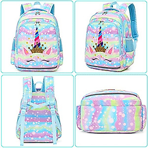 Unicorn Backpack for Girls with Lunch Tote Preschool Kindergarten Elementary Book Bag Set With Chest Strap(Light Blue Unicorn)
