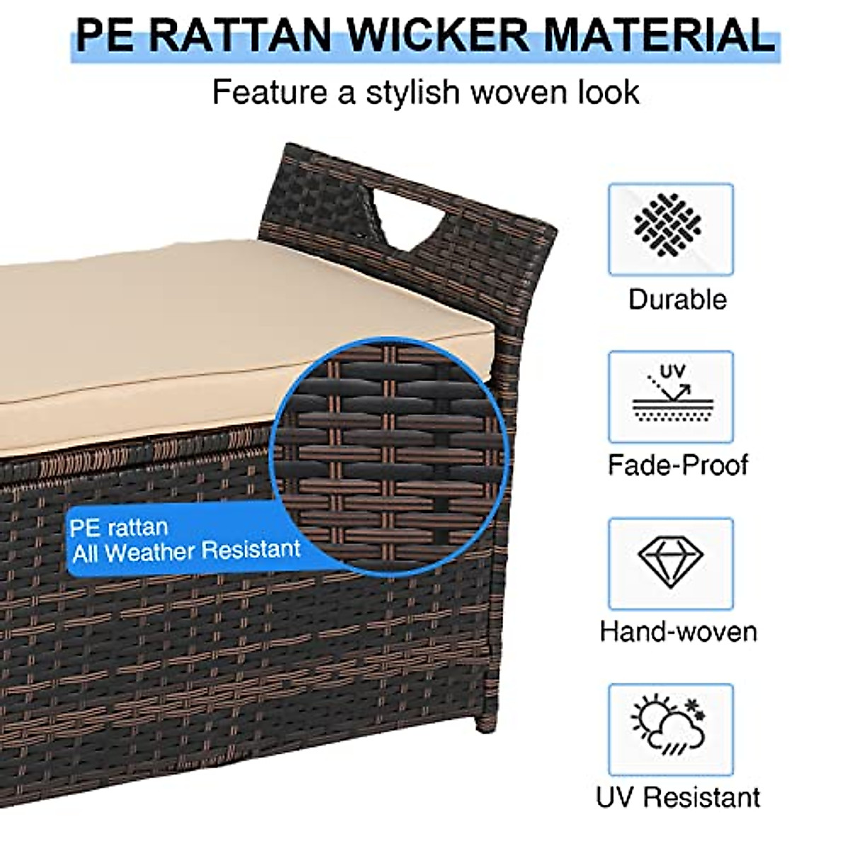 FurniSdoo PE Rattan Outdoor Storage Bench, Wicker Deck Storage Box with Comfy Beige Seat Cushion, Perfect for Patio Porch Garden Balcony Yard Garden Tools Pool Toys, 33 Gallon Brown