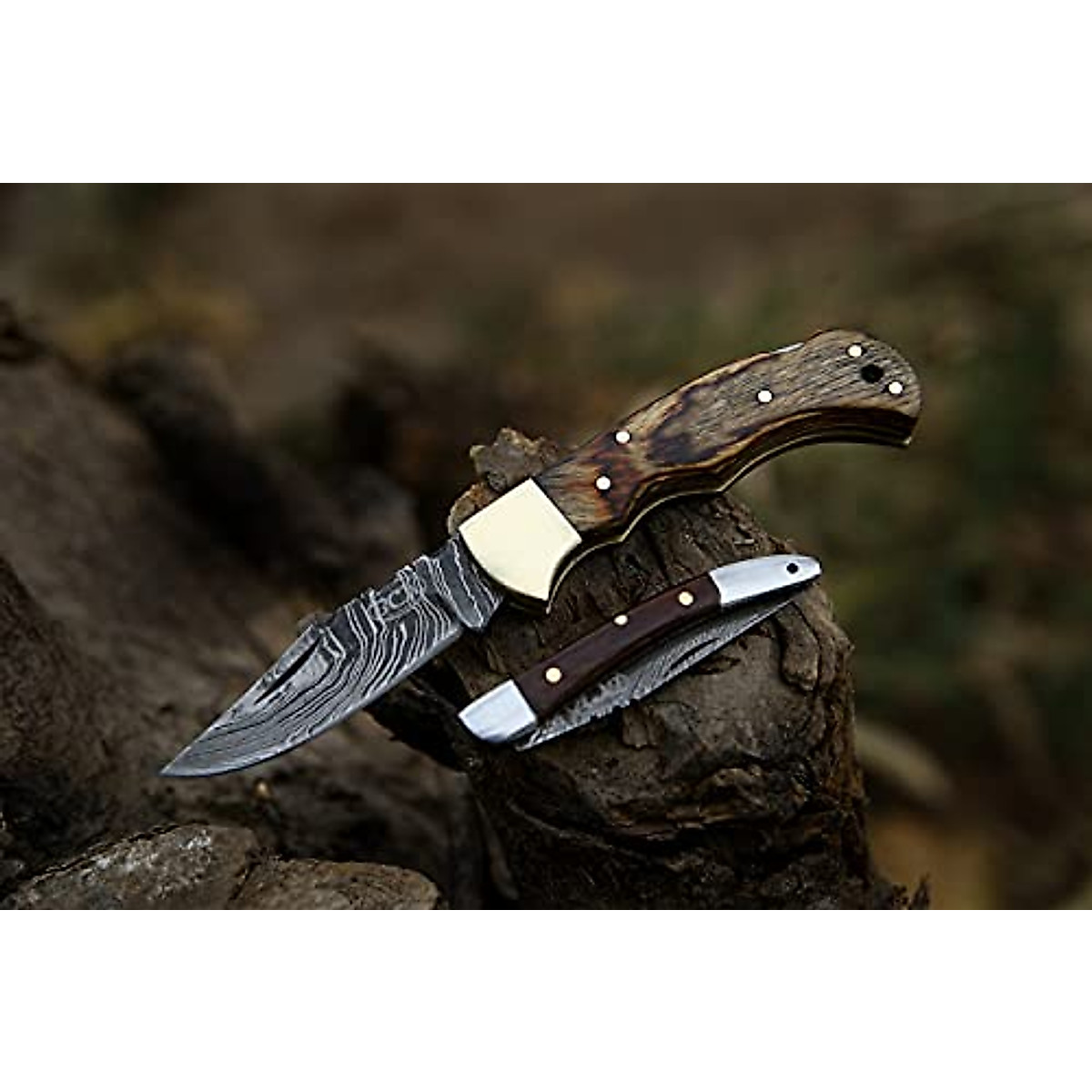 BCK Pocket Knife 4 Pcs Set 6.5" Handmade Damascus Folding Knife Back lock knife Damascus Hunting Knife with Sheath Damascus Pocket Knife for men 100% Prime Quality camping Knife (Brown Wood)
