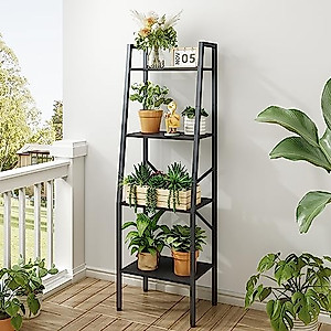 Hoctieon Ladder Shelf Bookcase, 4-Tier Ladder Bookshelf, Tall Bookshelf with Metal Frame, Industrial Bookshelf Ladder, for Living Room, Kitchen, Home Office, Bedroom, Simple Assembly, Black