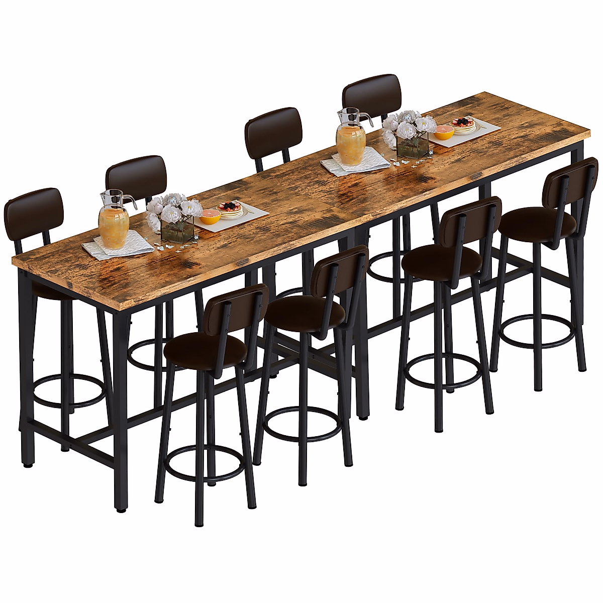 AWQM Faux Wooden Table with 8 PU Upholstered Chairs, Breakfast Table Bar Table and Backrest Chairs with Footrest for 8-10 People, Dining Room Set Space Saving Furniture (Brown)