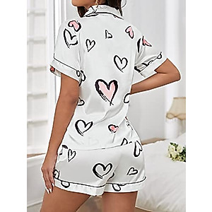 GORGLITTER Women's Silk Satin Pajamas Set Heart Print Loungewear Button Down Pj Shorts Sets White Medium