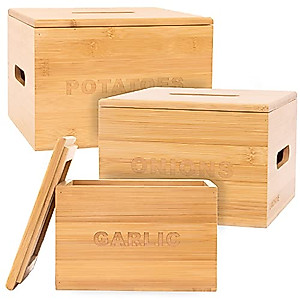 LandHome Onion and Potato Storage Bins (3 Pcs) - Stackable Bamboo Vegetable Containers, Engraved Garlic Pantry Canister, Farmhouse Kitchen Accessories
