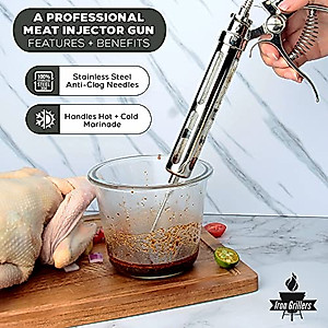 Iron Grillers Meat Injector Gun for Smoking & Grilling, Large 2 Oz Glass Syringe for Cooking BBQ, Brisket, Turkey & More - Inject Marinade or Seasoning for Tender Flavor! - Automatic Professional Kit