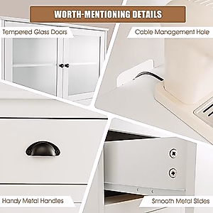 PETSITE Kitchen Hutch Storage Cabinet, Pantry Buffet Cabinet w/Tempered Glass Doors, Double Drawers, Adjustable Shelves & Anti-toppling Fitting, Tall Cupboard for Dining Room (White)