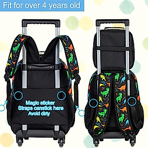 ZLYERT 3Pcs Dinosaur Rolling Backpack for Boys, Kids School Backpacks with Wheels, Roller Bookbag with Lunch Box for Elementary Preschool(Black)