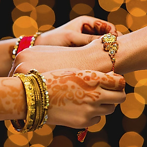 CRAFTONE Set of 6 Om & Ganesha Design Traditional Rakhi for Brother, Designer Rakhi Set for Raksha Bandhan, Moti Beads Rakhi Thread Bhaiya Bhabhi Sister Rakhi Band for Rakshabandhan with Roli Chawal