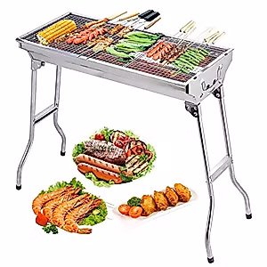 Barbecue Charcoal Grill Stainless Steel Folding Portable BBQ Tool Kits for Outdoor Cooking Camping Hiking Picnics Tailgating Backpacking or Any Outdoor Event (Large)
