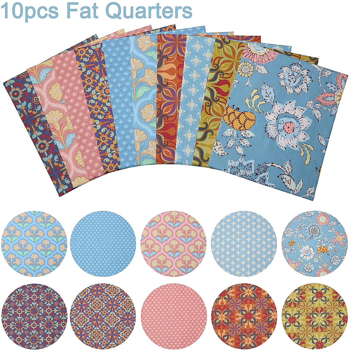 Hanjunzhao 100% Cotton Fabric Fat Quarters Bundles 18 Inch x 22 Inch - 10 Pcs Pack, Bohemian Style and European Theme Print for Quilting Sewing Crafts