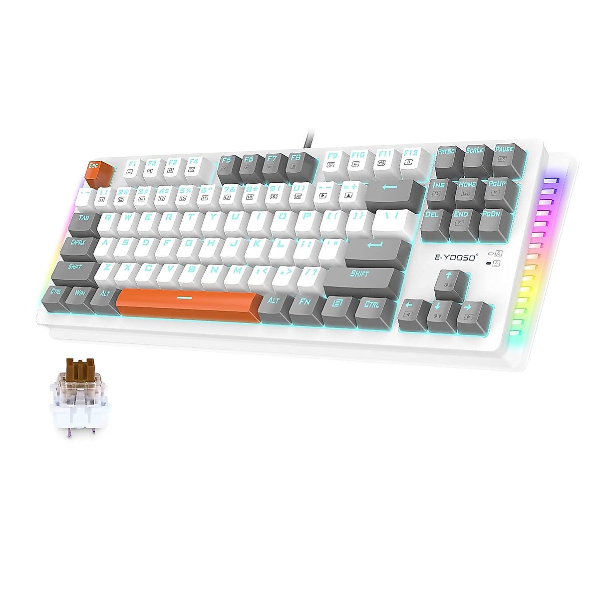 Mechanical Gaming Keyboard, Wired Mechanical Keyboard with Red Switches, 87 Keys Gaming Keyboard with Solid Color Backlit & RGB LED Sidelight for Windows Mac PC Gaming (Color : Brown Switches)