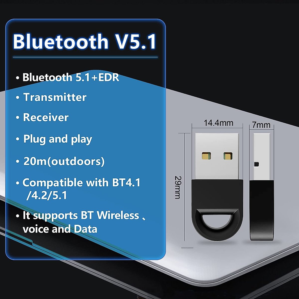 USB Bluetooth 5.1 Adapter for PC, Wireless Bluetooth Dongle Transmitter Receiver, Driver-Free, for Desktop,Laptop,Keyboard,Mouse,Headset,Speaker,Printer, Plug&Play