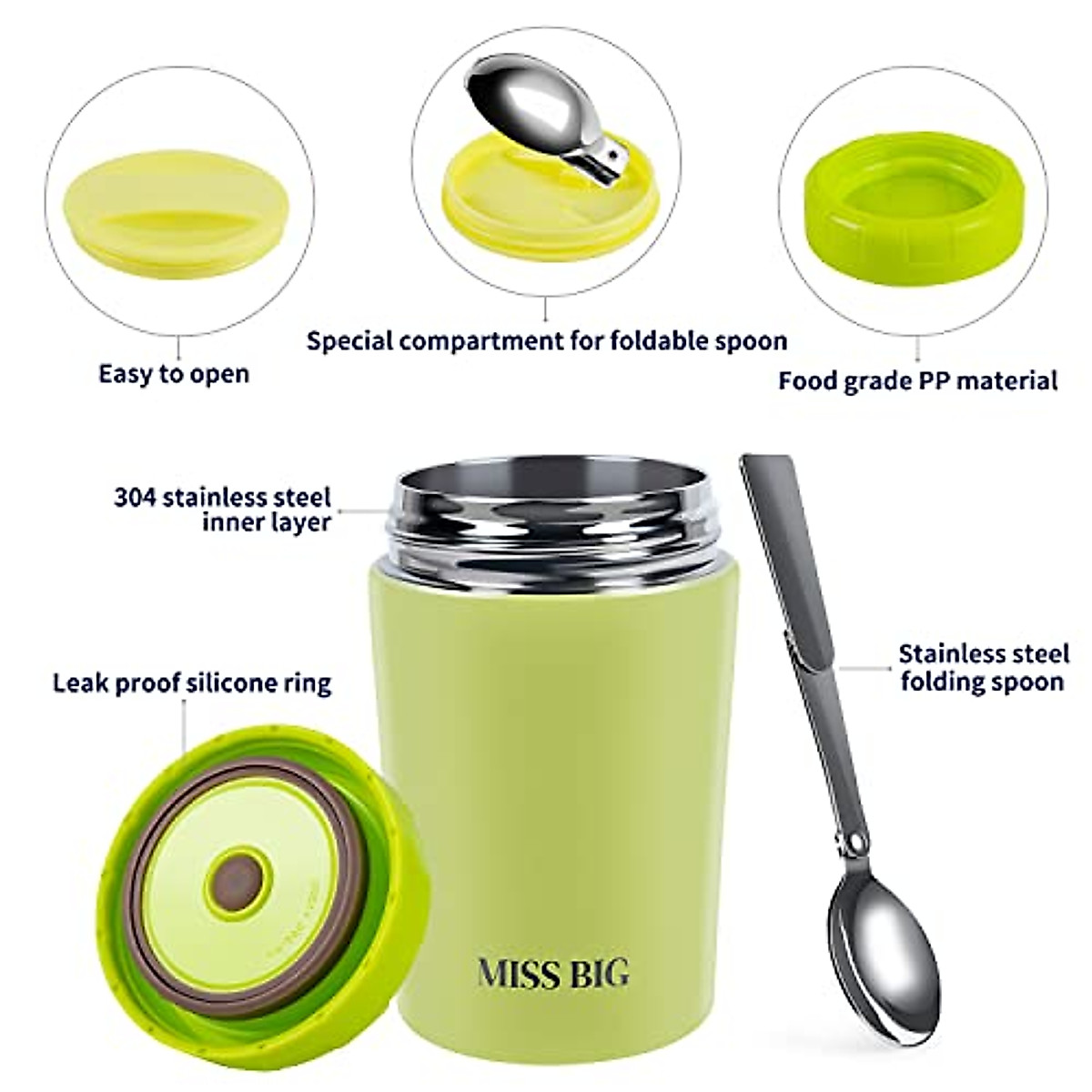 MISS BIG Insulated Food Container, 17oz Thermos for Hot Food for Kids & Adult,Leakproof,BPAs Free, Food Thermos with Spoon,Keep Hot & Cold Food for School,Office,Travel Bento Box for Hot Food (Green)