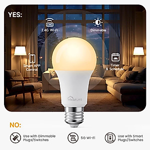 TREATLIFE Smart Light Bulbs, WiFi LED Light Bulb, Dimmable Smart Bulb Works with Alexa, Google Home, SmartThings, Warm White& Cool White(2700K-6500K), 2.4Ghz, 800LM, E26, A19, 9W, No Hub Required
