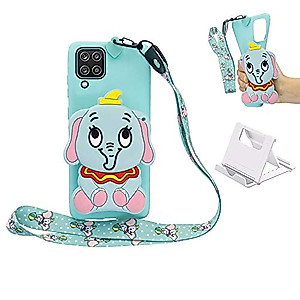 Yewos Coin Purse Case Case Compatible with Samsung Galaxy A12 5G Cute 3D Animals Elephant Cartoon Soft Light Blue Silicone Wallet Case with Wrist Strap,Cool Kawaii Funny Kids Teens Girls Cover