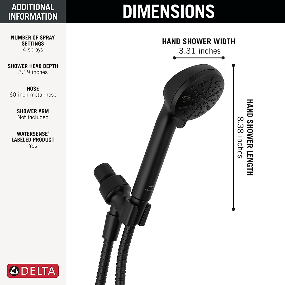 Delta Faucet 4-Setting Handheld Shower Head, Black Shower Head with Hose, Showerheads & Handheld Showers, Handheld Shower Heads, Detachable Shower Head, Hand Shower 1.75 GPM, Matte Black 75413BL