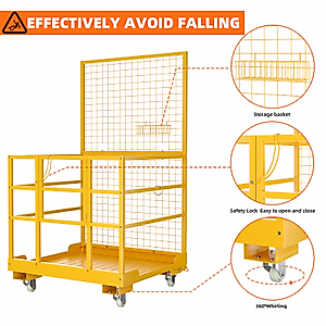 Forklift Safety Cage, 43"x45" Forklift Man Basket, 1400lbs Capacity Forklift Work Platform with Safety Harness&Lock, Drain Hole&Wheels, Collapsible Lift Basket Aerial Platform for Lifting Loader