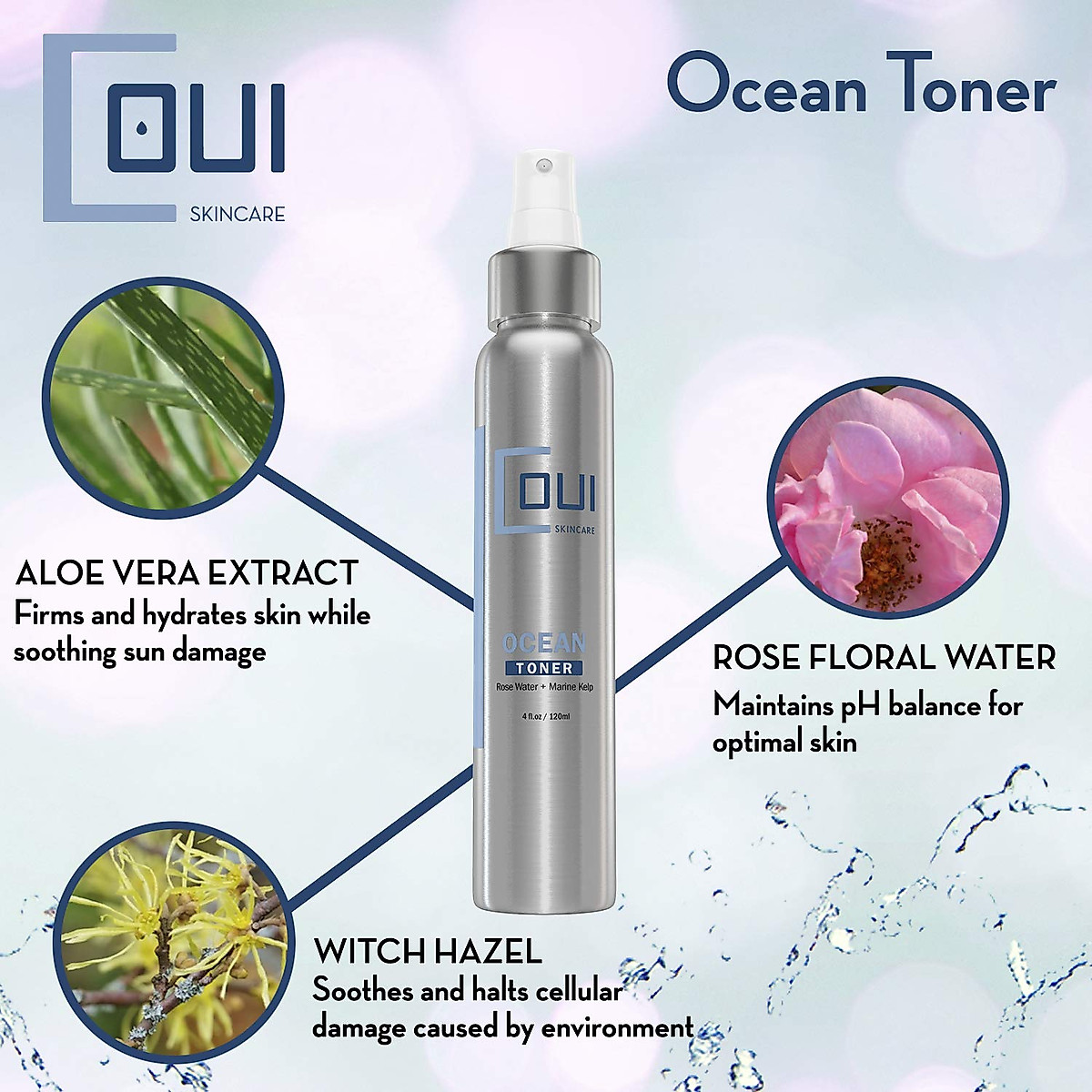 Ocean Facial Toner Face Astringent - Rose Water, Witch Hazel, Alcohol Free - Tighten Pores for Face, Neck, Décolleté