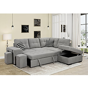 Familymill 100'' Modern Upholstered Fabric L-Shaped Convertible Corner Sectional Sofa Bed, Pull-Out Sleeper Sofa Bed with Storage Ottoman, USB Ports, and 2 Stools (Light Gray, L Shaped)