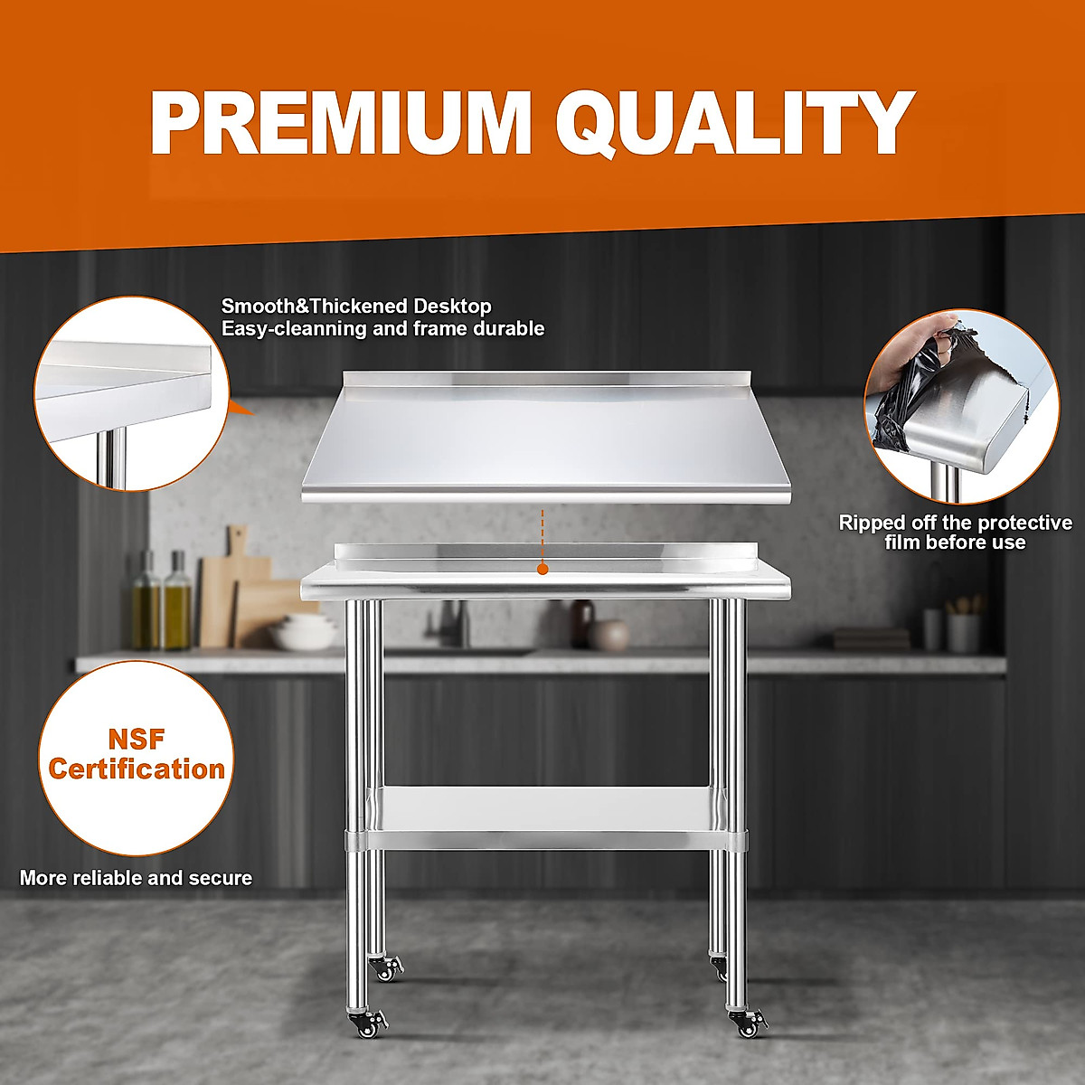 Sapodilla NSF Stainless Steel Worktables with Wheels, 36×24 Inches Commercial Heavy Duty Tables with Backplash and Adjustable Undershelf for Kitchen, Restaurant, Hotel and Garage
