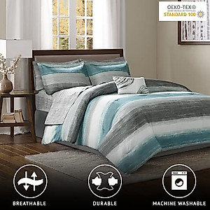 Madison Park Essentials Bed in a Bag Comforter, Vibrant Color Design All Season Down Alternative Cover with Complete Cotton Sheet Set, King(104"x92"), Saben, Stripe Aqua 9 Piece
