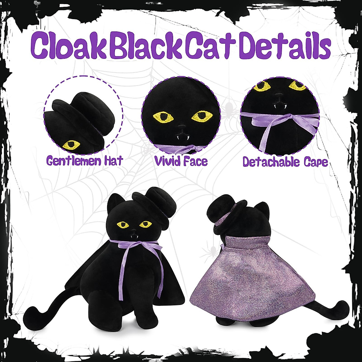 MUFEIRUO Black Cat Plush Halloween Plush, Black Cat Stuffed Animal with Hat Cloak, Halloween Vampires Decor Plushie Stuffed Cat Toys for Kids