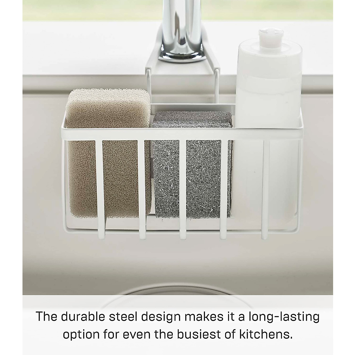 YAMAZAKI Home Faucet-Hanging Sponge Caddy Kitchen Sink Dish Soap Bottle Brush Scrubber Organizer Holder, Metal with Silicone Protection | Steel, One Size, White