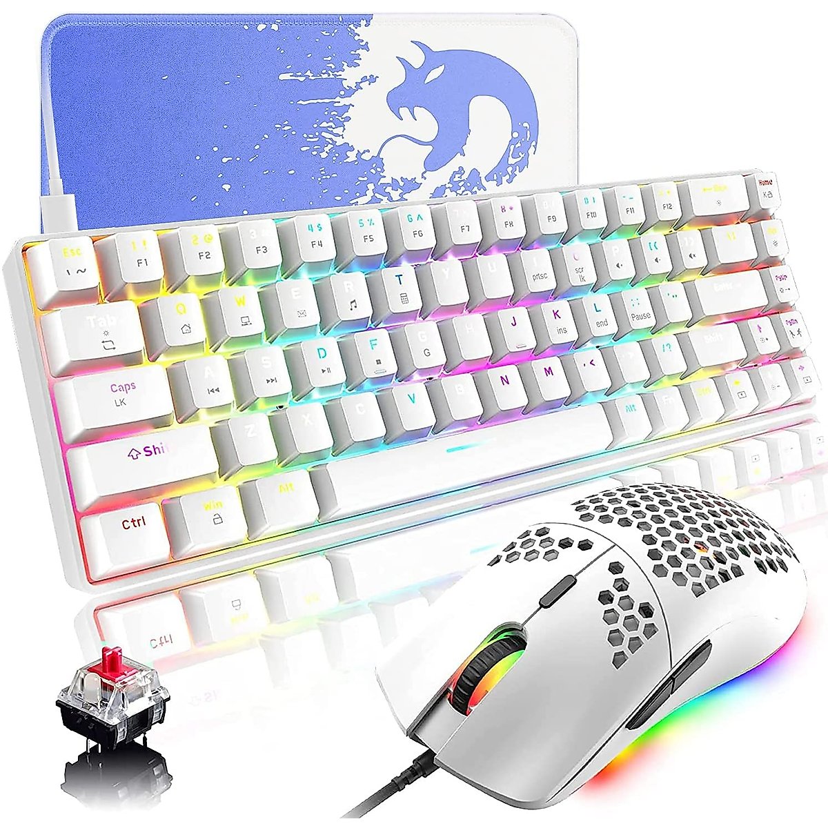 60% Mechanical Gaming Keyboard and Mouse Combo RGB Backlight Ultra-Compact Ergonomic Anti-ghosting 68 Keys 6400DPI Silent Honeycomb Mice Type-C Wired for Computer Mac Gamer