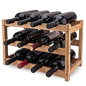 12 Bottle Bamboo Wine Rack Countertop,3-Tier Wine Rack Shelf Insert for Cabinet,Wine Bottle Storage Shelf, Freestanding Wine Rack Bottles Stand Holder Organizer