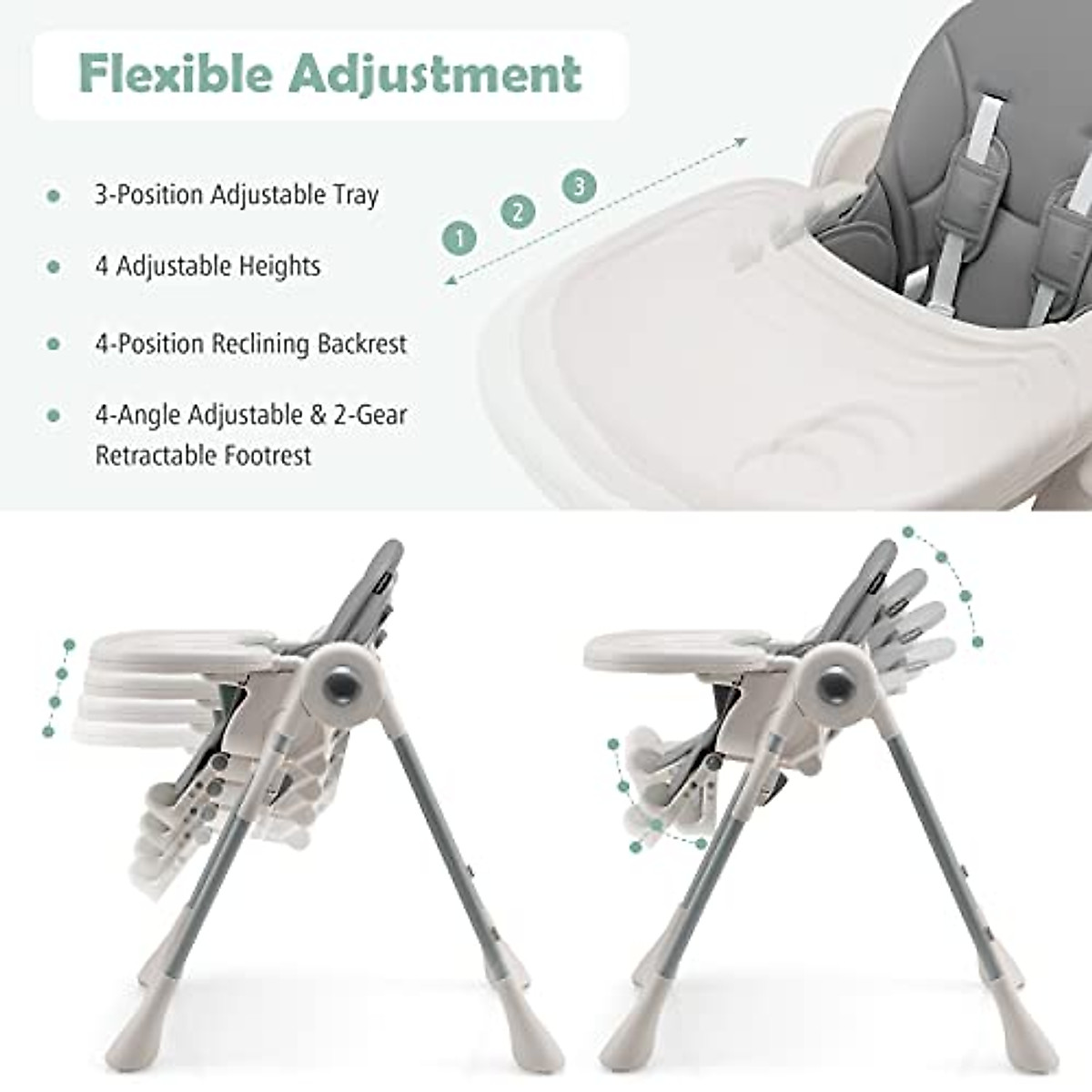 BABY JOY Convertible High Chair for Babies & Toddlers, Foldable Highchair with Adjustable Backrest/Footrest/Seat Height, Double Removable Tray, Detachable PU Cushion, Built-in Front Wheels (Gray)