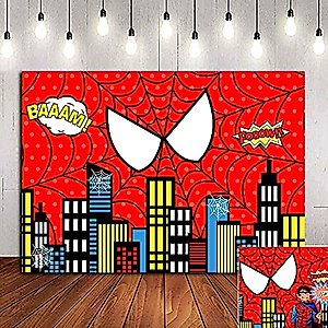 Red Spider Web Photography Backdrop Baby Shower Photo Booth Studio Props Supplies Super Heros Cityscape Photo Background Vinyl 5x3ft Children Boys 1st Birthday Party Banner Decorations Dessert Table