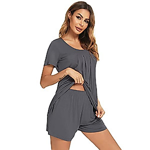 Roojaa Womens Pajama Set Pleated Loose Short Sleeve Pjs Soft Summer Casual Sleepwear Dark Grey