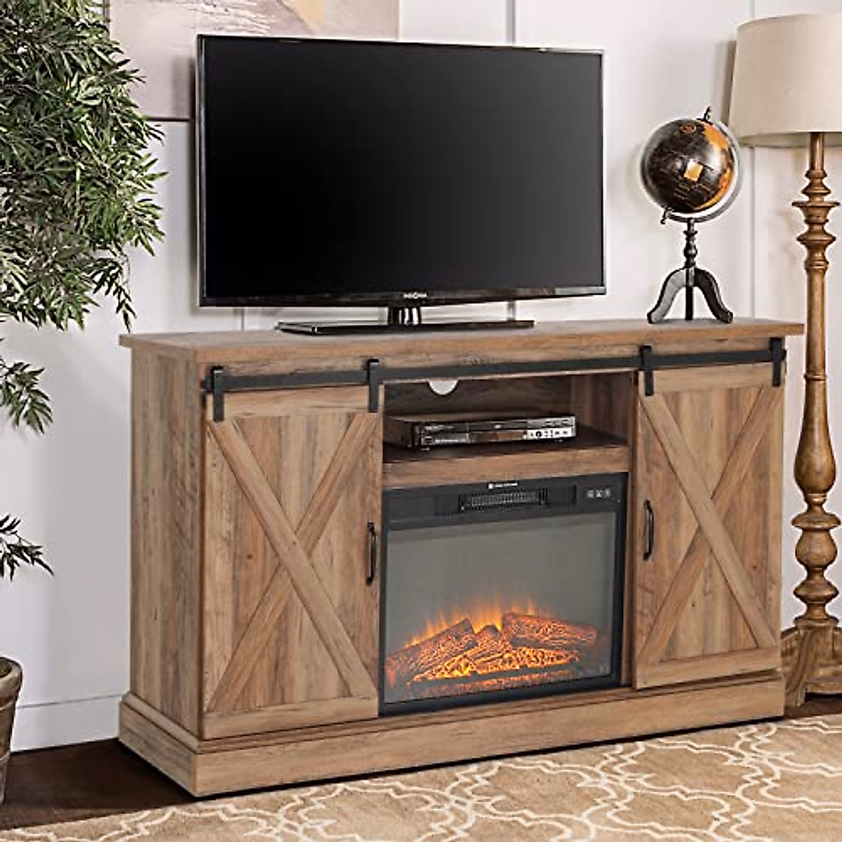MAISON ARTS 47" Fireplace TV Stand with Electric Fireplace Inserts Farmhouse Barn Door Media Console Table Entertainment Center for TVs Up to 55" for Home Living Room Bedroom, Oak