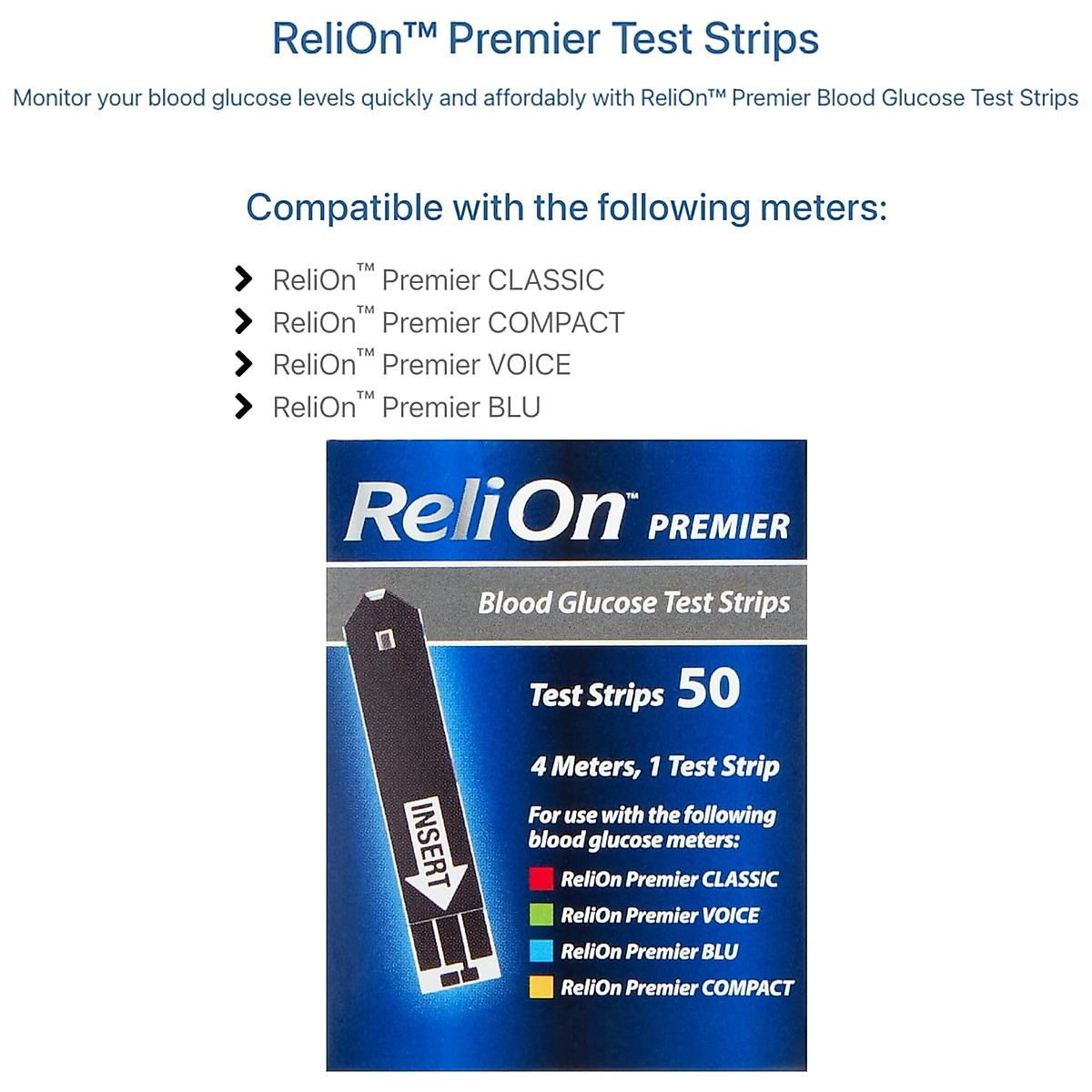 ReliOn Premier Blood Glucose Test Strips | Blood Glucose Test Strips | Test Strips for Diabetes | Blood Sugar Test Strips | Diabetic Test Strips | Reli On Premier Test Strips 50 Count + STS Sticker.