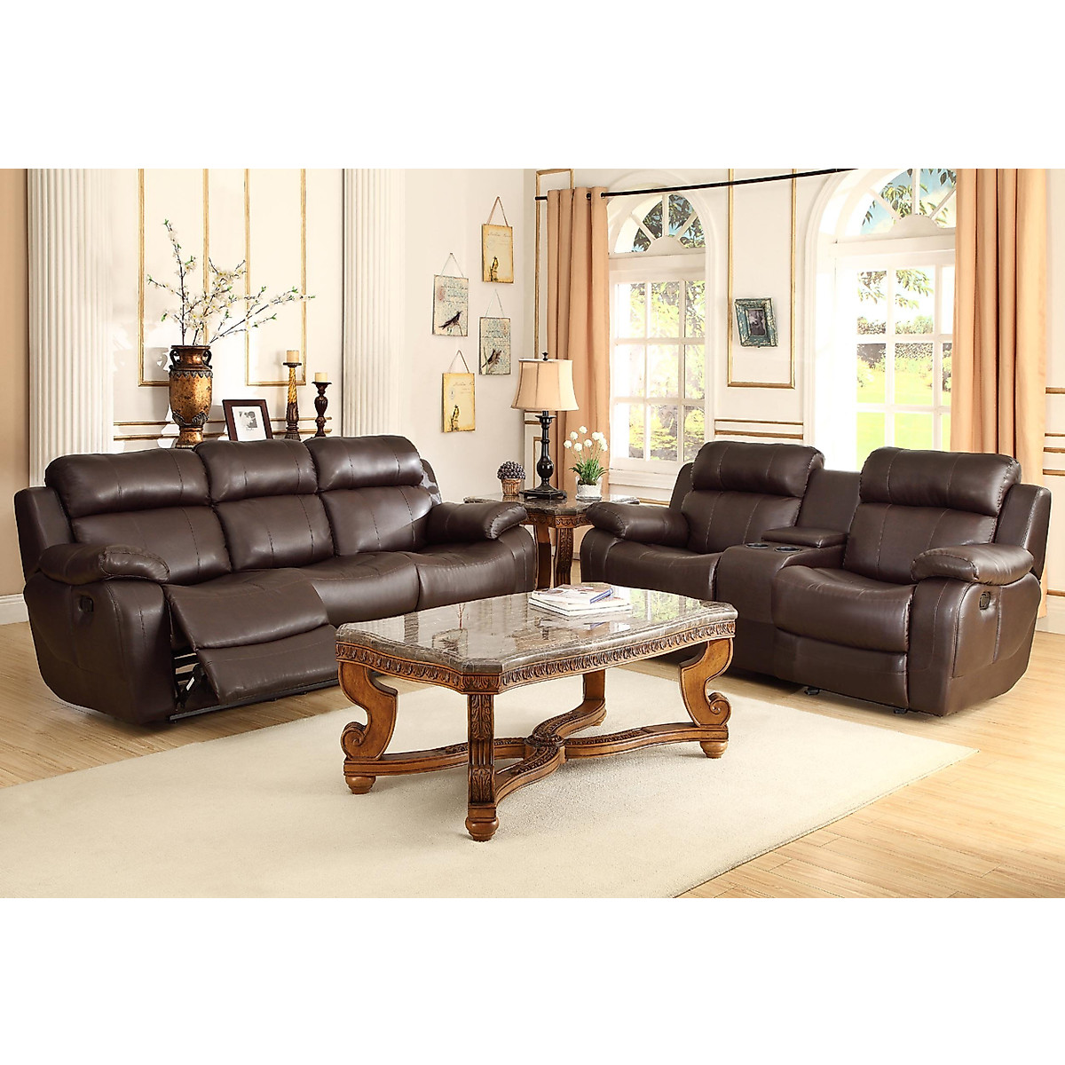 Homelegance Marille Reclining Sofa w/ Center Console Cup Holder, Brown Bonded Leather