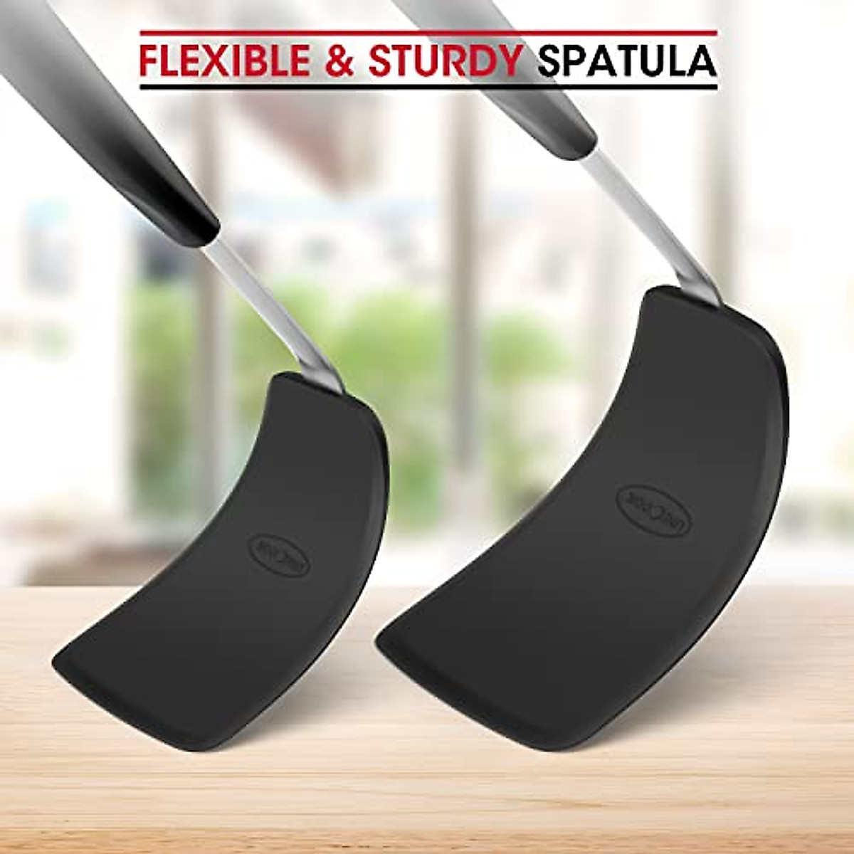 Unicook 2 Pack Flexible Silicone Spatula, Turner, 600F Heat Resistant, Ideal for Flipping Eggs, Burgers, Crepes and More, Black