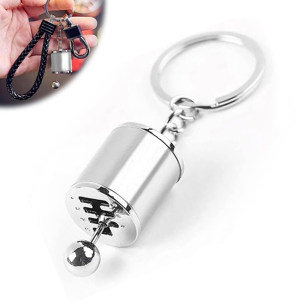 gunhunt 1 PC Car Shifter Keyring, 6 Speed Gear Key Clip, Universal Polished Metal Collectible Key Chain Creative Model (Silver)