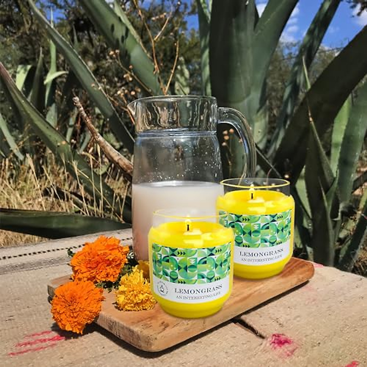 Outdoor Decorative Yellow Large Citronella Candle, 16oz, Glass, Strong Lemongrass Scented Candles, for Patio Decor, Outside Table Decor, Camping Accessories, Beautiful Candle Jars
