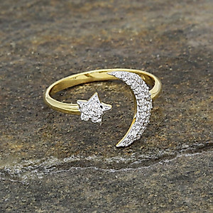 Certified 14K Yellow Gold Moon Star Stackable Ring 0.11 Carat Natural Real Diamonds (H I Color, Vs2 Si1 Clarity) Proposal Gift Women Jewelry