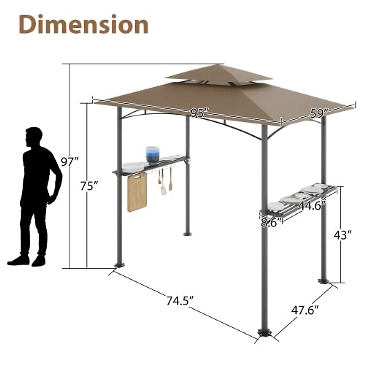 8X 5 FT Grill Gazebo Grill Canopy Double Tiered BBQ Gazebo Outdoor BBQ Canopy, Upgrade Your Grill Gazebo with Our Durable Replacement Roof, Patio Canopy Tent for Barbecue and Picnic (Khaki)