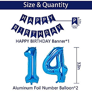 NANINUNENO 14th Blue Birthday Party Decorations for Boy Girl Men Women, Happy 14 Birthday Balloons Supplies with Happy Birthday Banner,14 Number Balloons, Blue Star Streamers, Hanging Swirls